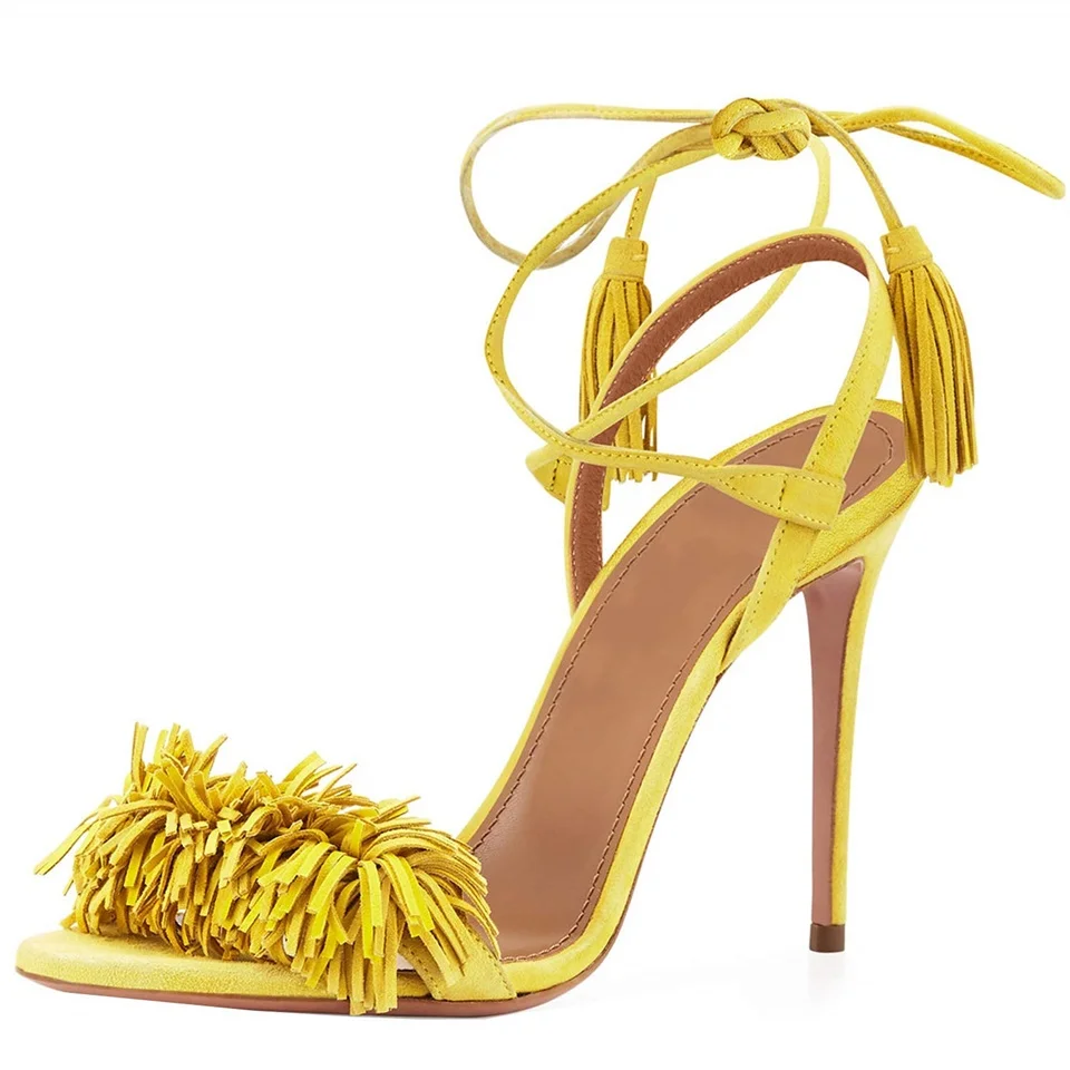 Fringe Lace Up High Heel Sandals (8 colors) - Nibor Boutique