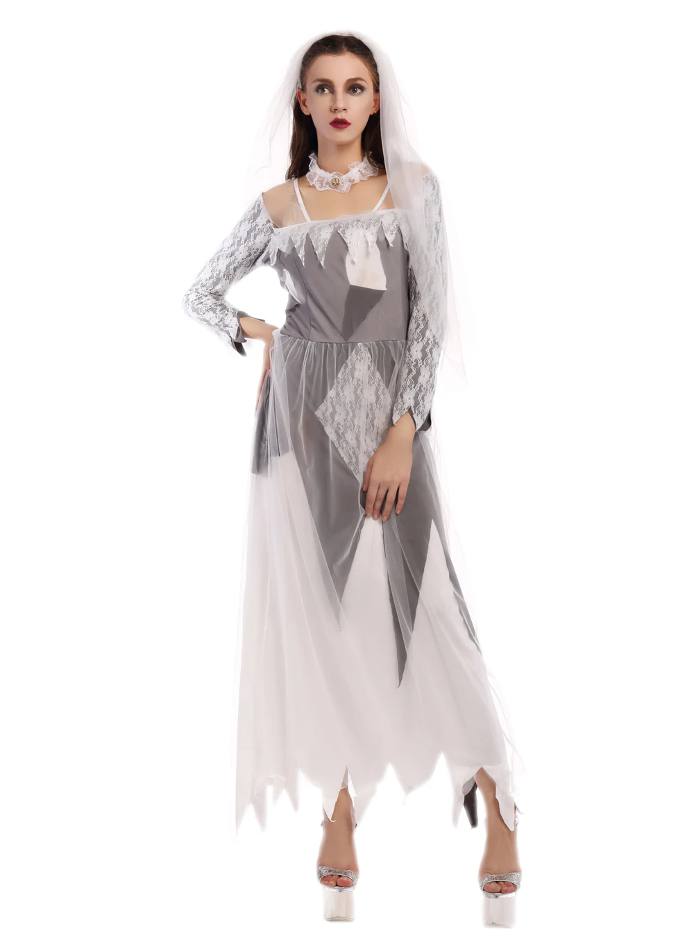 Adult Sexy Fancy Bride Costumes for Women Halloween Lace Sleeves Bride ...