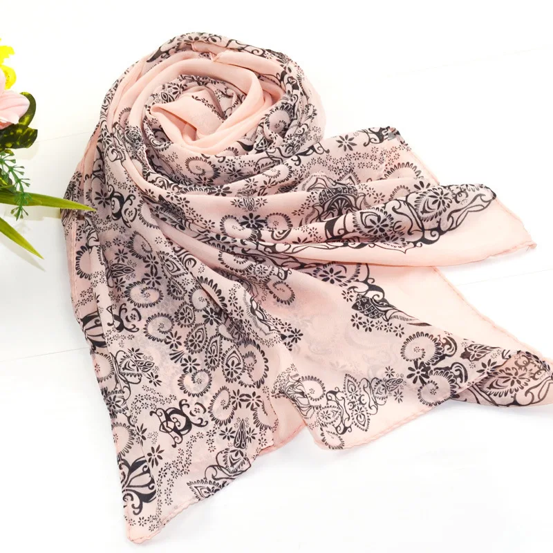 Fashion Floral Pink Summer Style Long Chiffon Ladies Scarf Spring