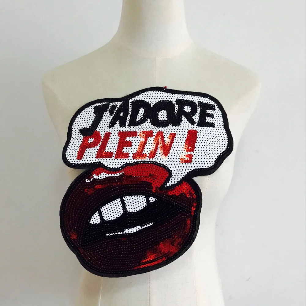 Big Red Lip mouth patches Applique Sewing Handmade Bling Bling Sequins ...