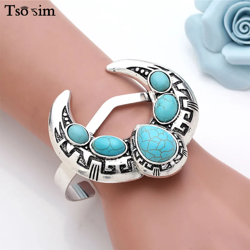 Women Retro Bangles Ancient Silver Oval Natural Stone Moon Pattern For ...