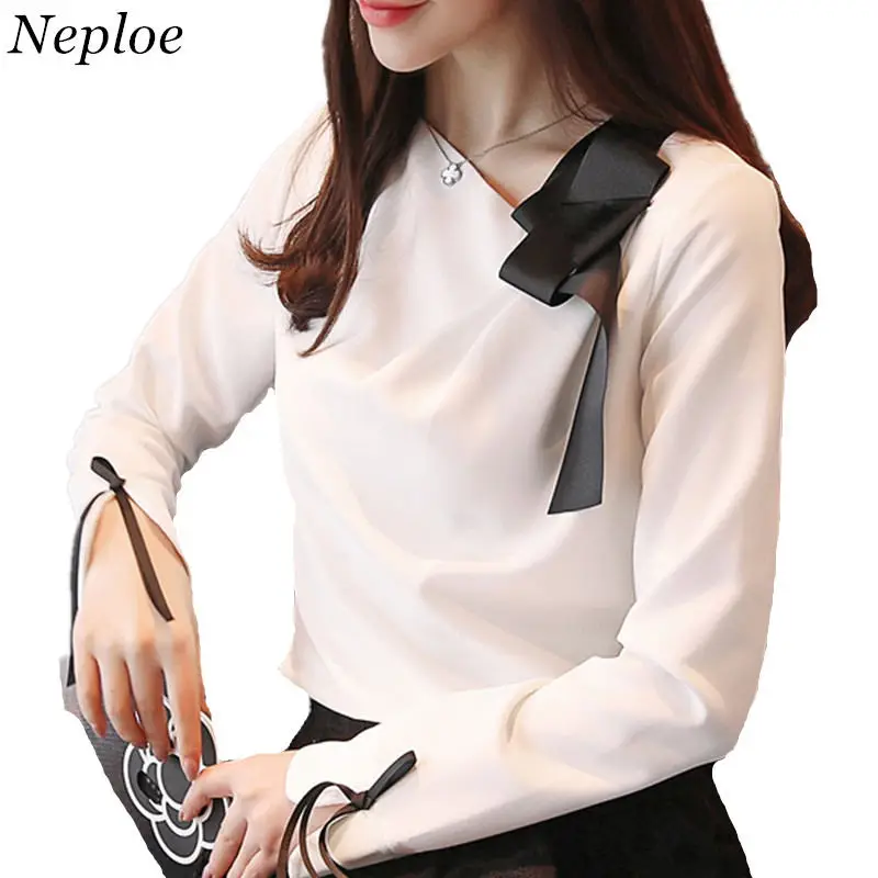 Neploe 2018 Spring Female White Shirts Bow Tie Design Shirt Fashion