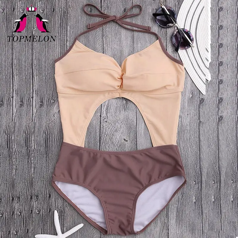 Topmelon Halter Women Swimsuit One Piece Monokini Patchwork Ladies