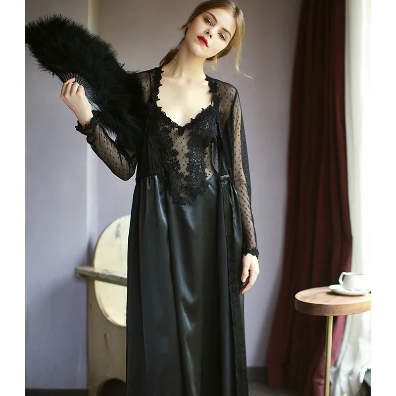 Sexy Lace Silk Satin Wedding Bride Elegant Vintage Robes Female Bathrobes Sleepwear For Women In