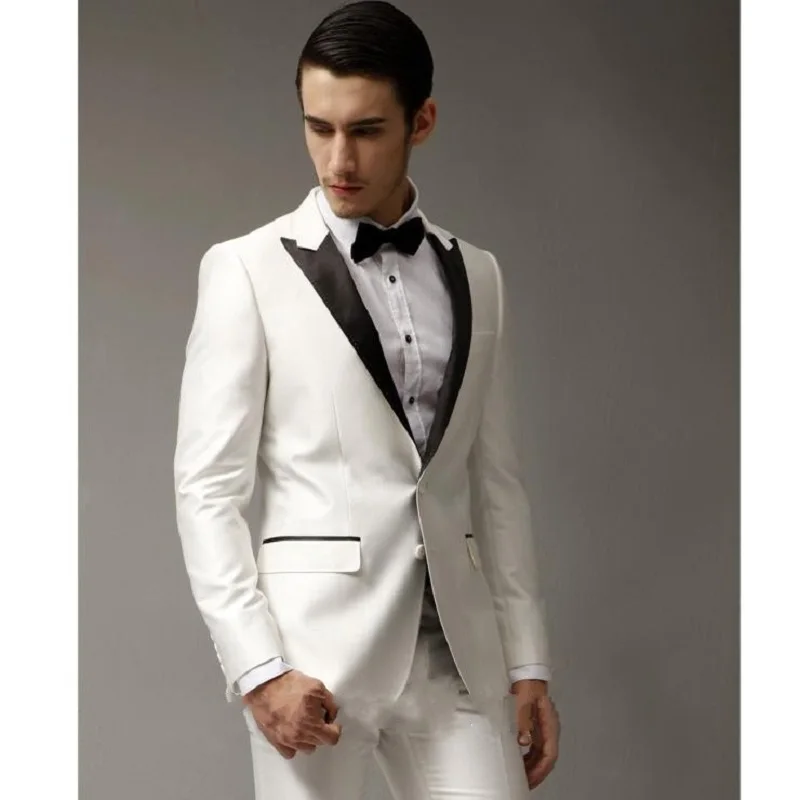 High Quality Two Button Ivory And Black Groom Tuxedos 2019 Groomsmen