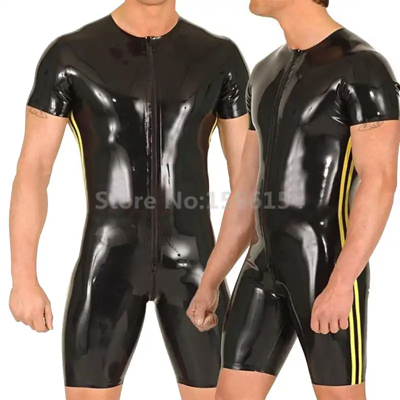 New Fashion Sexy Black Latex Male Bodysuit With White Strips Fetish