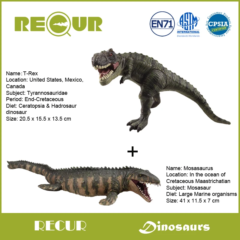 2pcs/lot Recur Jurassic Dinosaur T Rex+Mosasaurus PVC Ferocious Animal ...