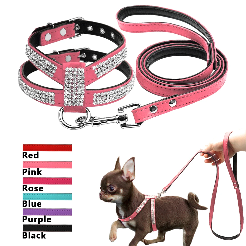 Didog Small Dog Harness And Leash Set Suede Leather Rhinestone Pet