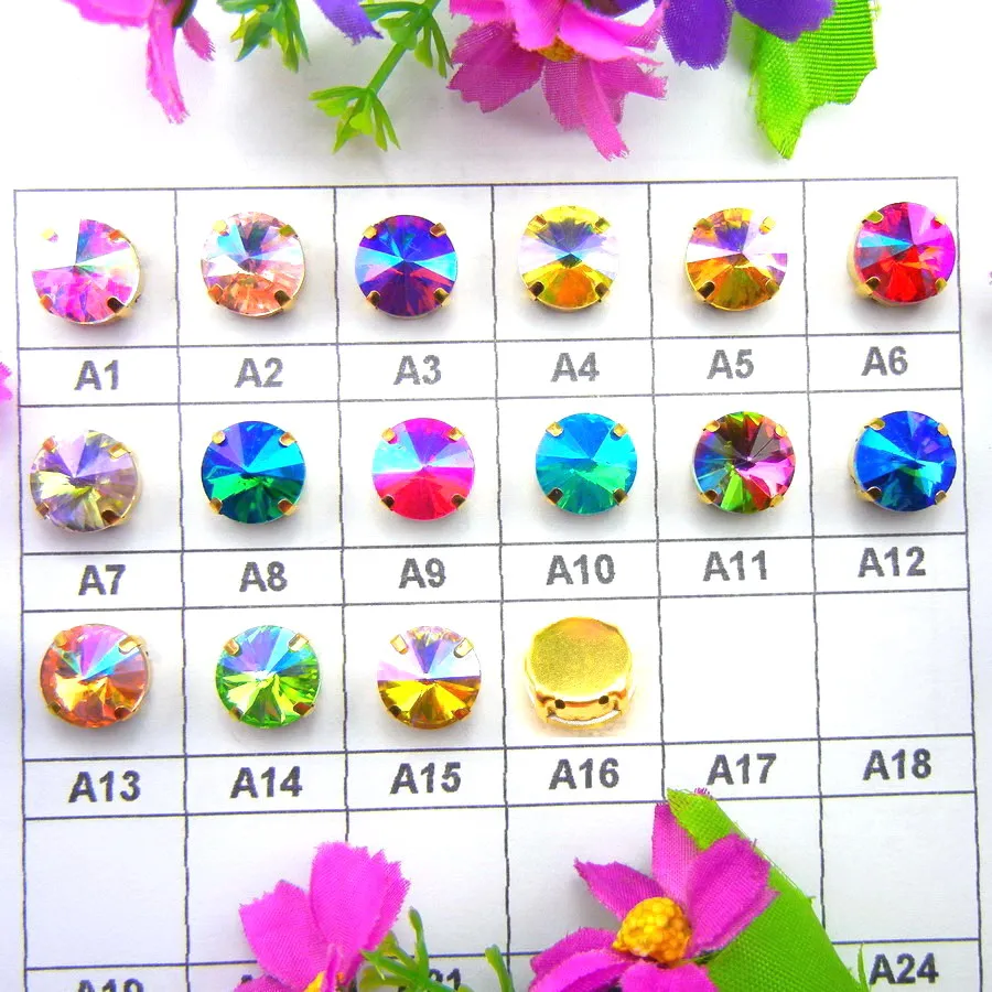 Ecusson,Rivoli, 7 tailles de griffes dorées, verre rond, couleurs AB, à coudre en cristal ...