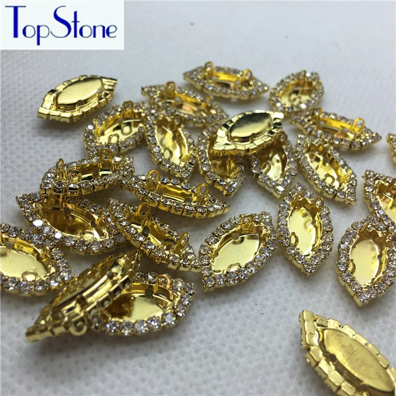 Golden Color Sew On Metal Claw With Clear Crystal Rhinestones Around