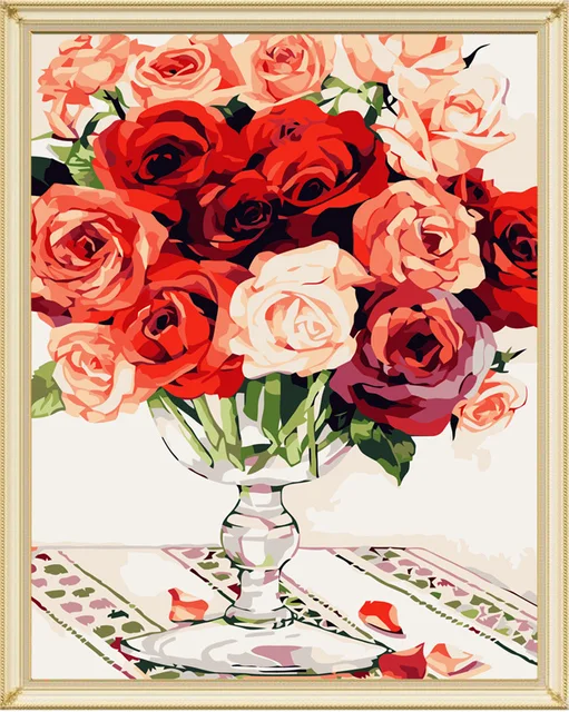 Mahuaf a613 peinture by numéros rouge et blanc rose bouquet fleur ...