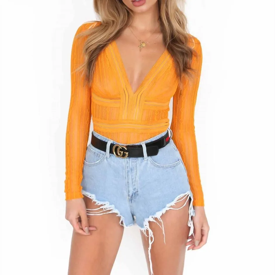 Deep V Neck Lace Mesh Crochet Bodysuit Women Slim Fit Romper Jumpsuit