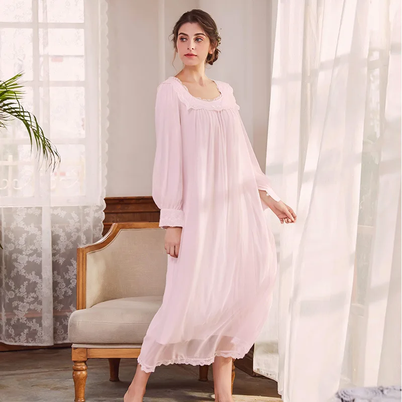 Spring-Summer-Women-Long-Sleepwear-Nightdress-Long-Sleeve-Soft-Palace ...