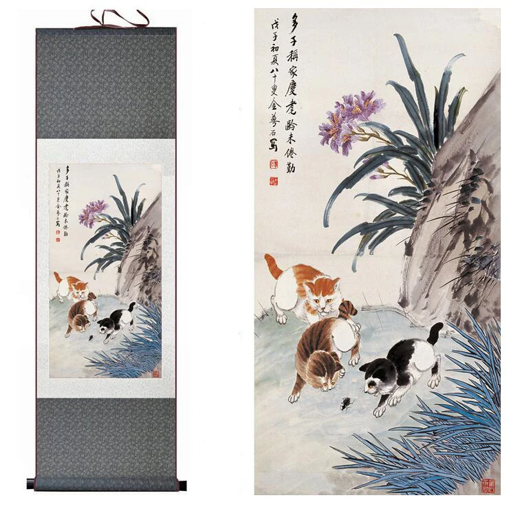 Cat And Flower Silk Art Painting Chinese Art Painting Home Office ...