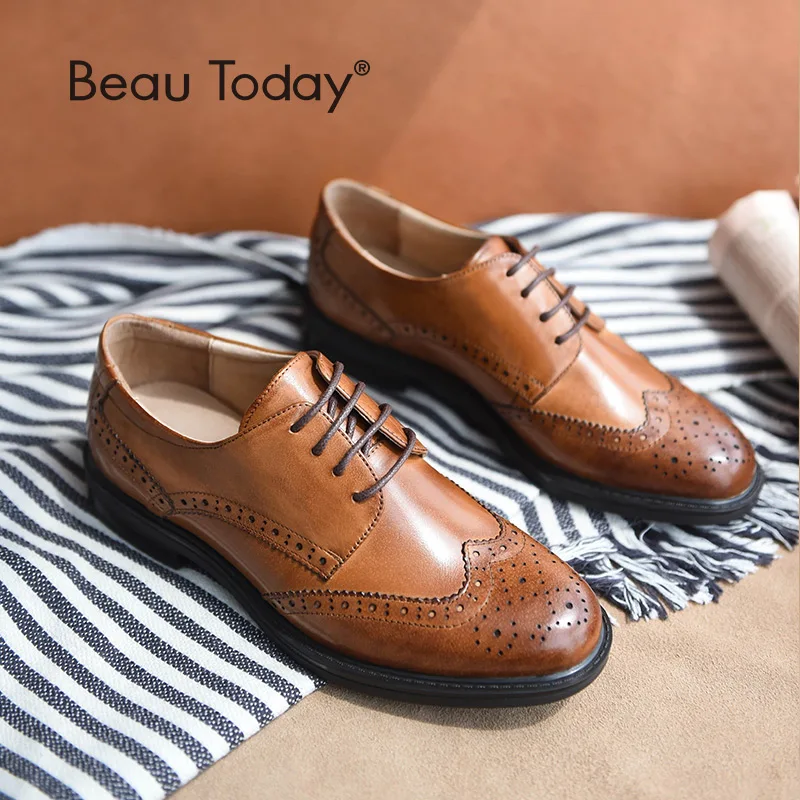 BeauToday Genuine Cow Leather Brogue Shoes Handmade Lace-Up Wingtip ...