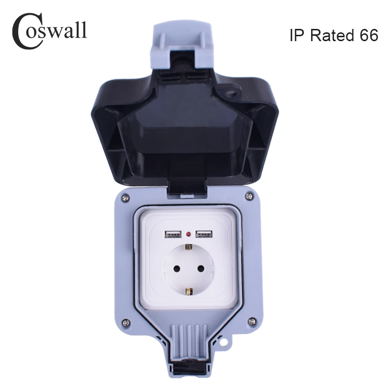 Coswall IP66 Weatherproof Waterproof Outdoor 16A EU Standard Wall Power Socket With Dual USB ...