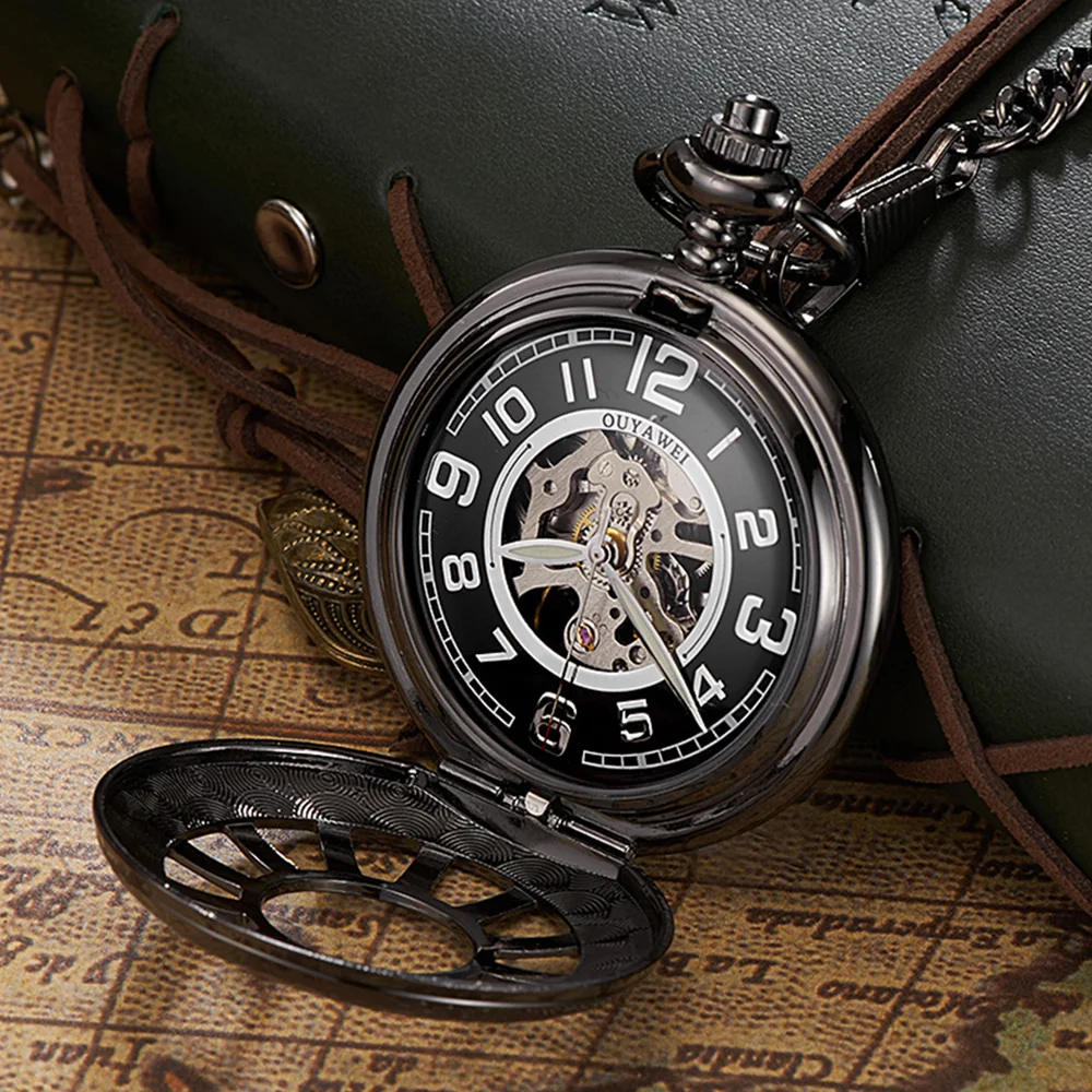 Ouyawei Men Blue Black Dial Retro Skeleton Hand Wind Mechanical Antique ...