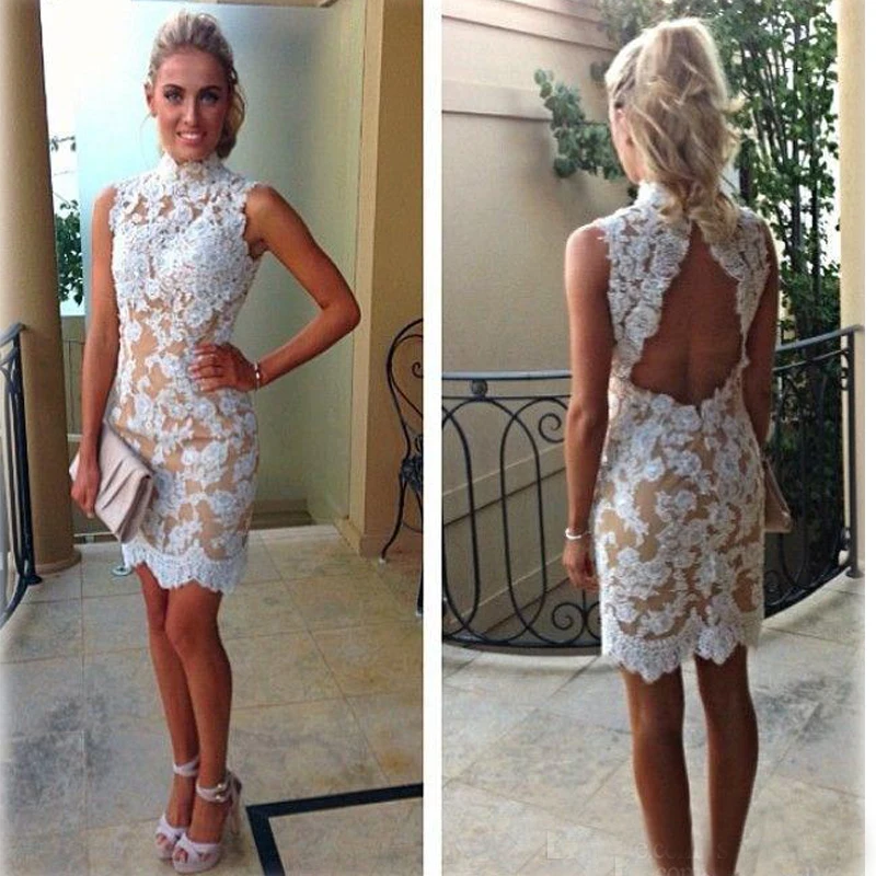 Short Lace High Neck Champagne Cocktail Dresses With Ivory Lace Open