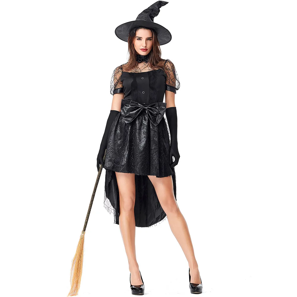 Umorden Womens Cobweb Witch Costume Black Lace Bow Dress Halloween