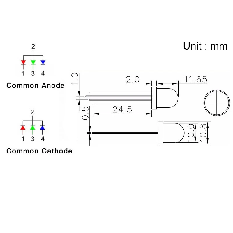 5mm RGB Diffused Common Cathode LED - 2V-3.2V