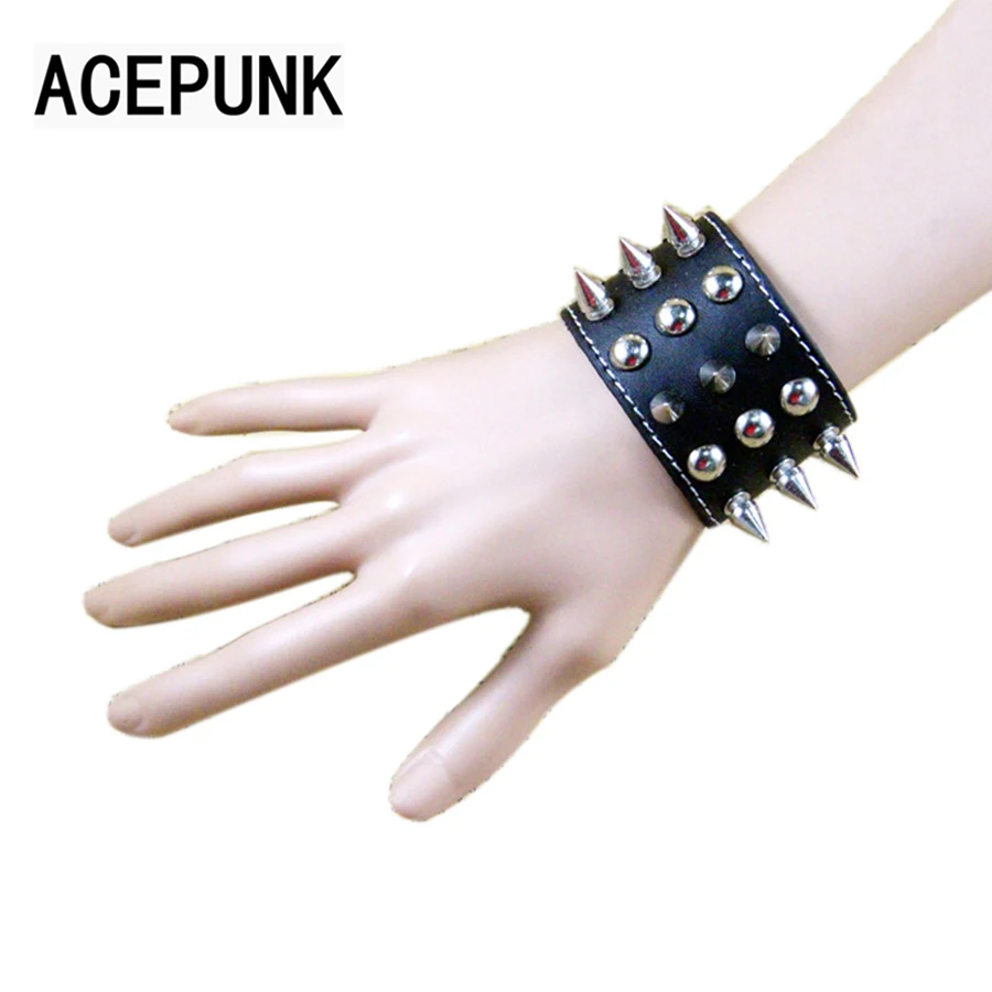 Unique Three Row Cuspidal Spikes Rivet Stud Wide Cuff Leather Punk Rock ...