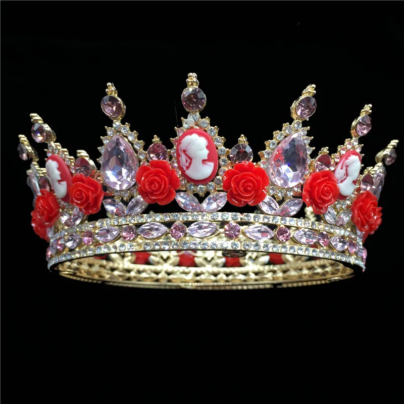 Elegant Queen King Bride Tiara Crown For Women Prom Red Flower Bridal ...