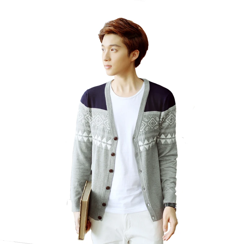 Men Casual Cardigans Jacquard Knitted Sweater Patchwork Mens Sweater ...