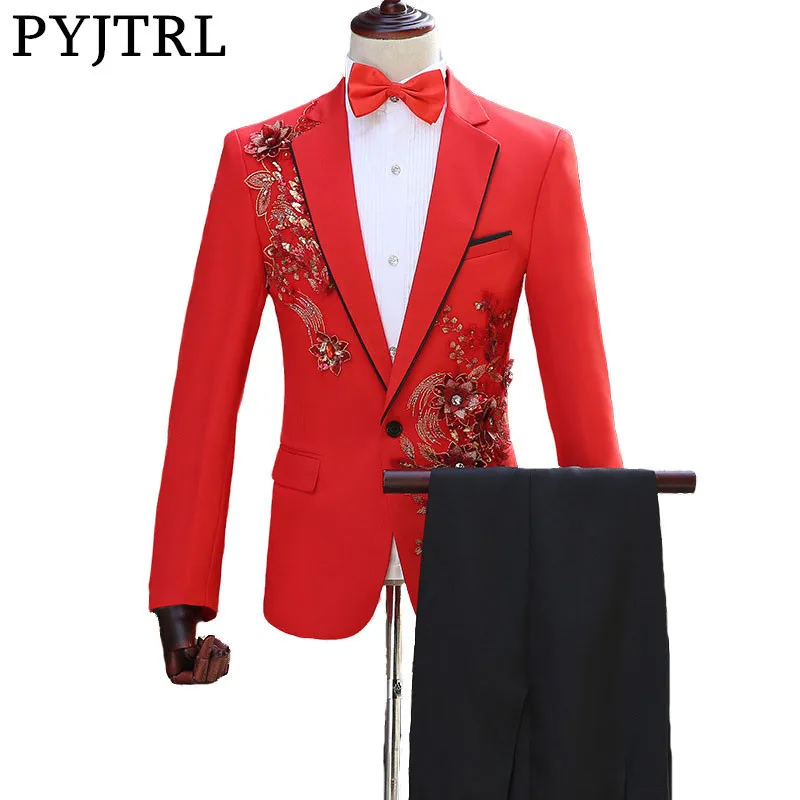 PYJTRL Male Fashion Red Double side 3D Crystal Embroidery Flowers Suits ...