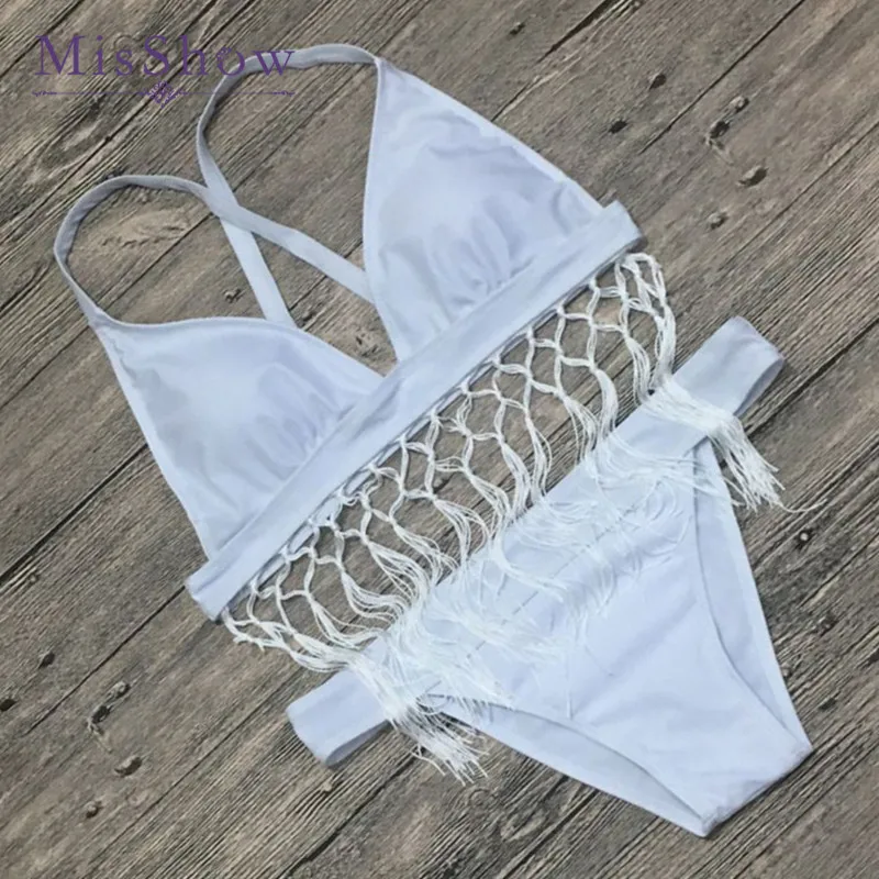 2019 Women Sexy Bikini Solid White Tassel Swimwears Female Swimsuits ...