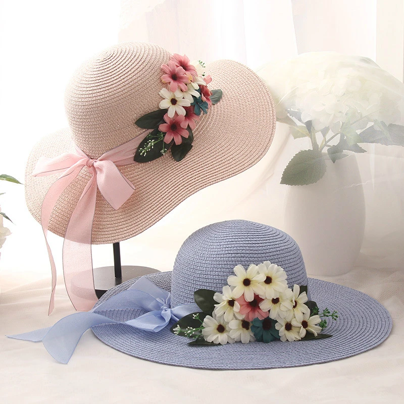 Summer ladies flowers big brim the beach cap Fashion flowers ribbon can ...