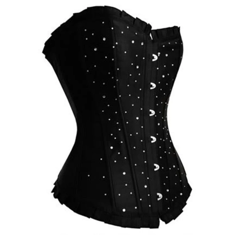 Black Sexy Satin Lace Up Boned Overbust Corset Rhinestone Cover Waist