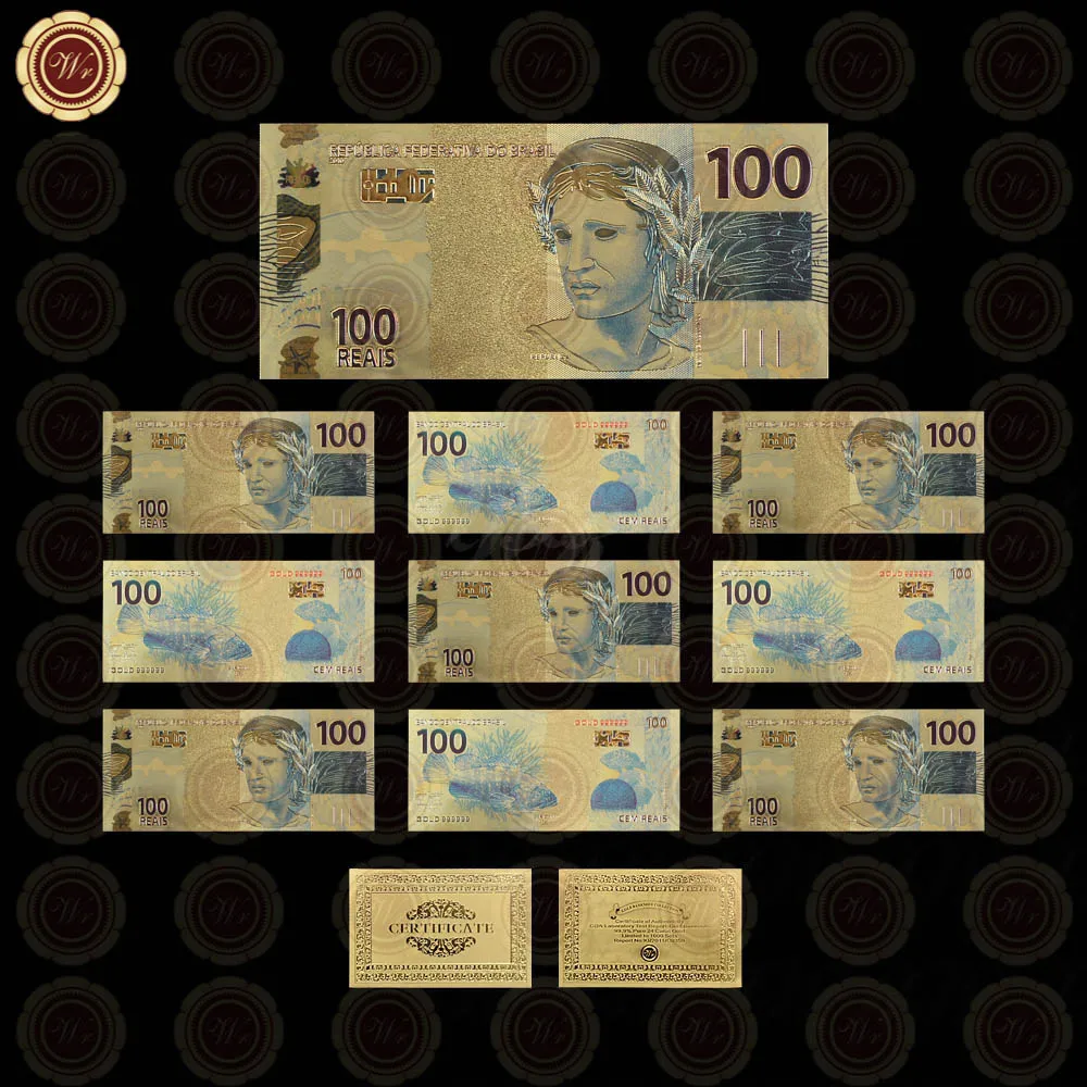 10Pcs/set Banknote Brazil Gold Banknote 2,5,10,20,50,100 Bills Fake ...