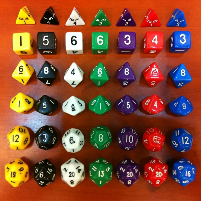 다면체 주사위 (D4 + D6 + D8 + D10(1 10) + D12 + D20 = 6 주사위), 생활 계산기, 플라스틱 ...