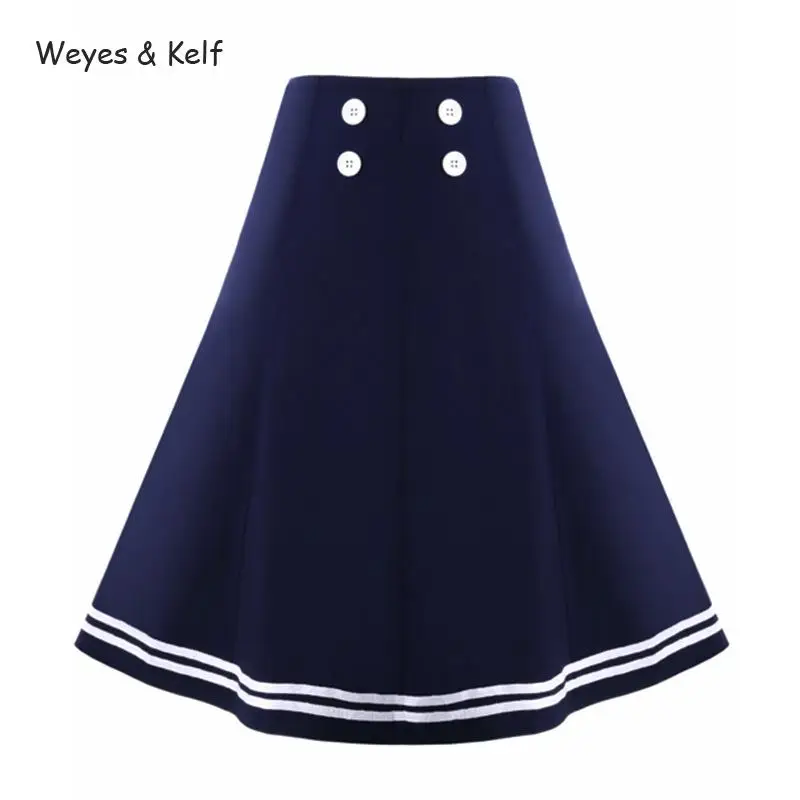 Weyes And Kelf Button High Waist Retro Skirts Womens Dark Blue Elegantes