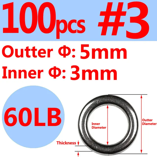 Bimoo 100pcs/bag Polished Fishing Solid Ring Stainless Steel Fishing Lure Ring Fishing ...