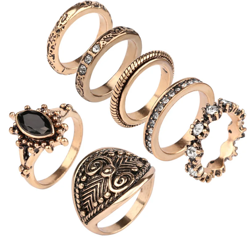 7Pcs/Set Rings Sets For Women Gypsy Ethnic Jewelry Antique Gold Color ...