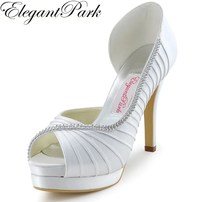 Women Shoes Wedding Bridal High Heels Platform White Ivory Peep Pleated