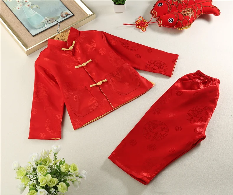 Kids Chinese Tradition Cloth Set Autumn Satin Embroidery Dragon Red ...