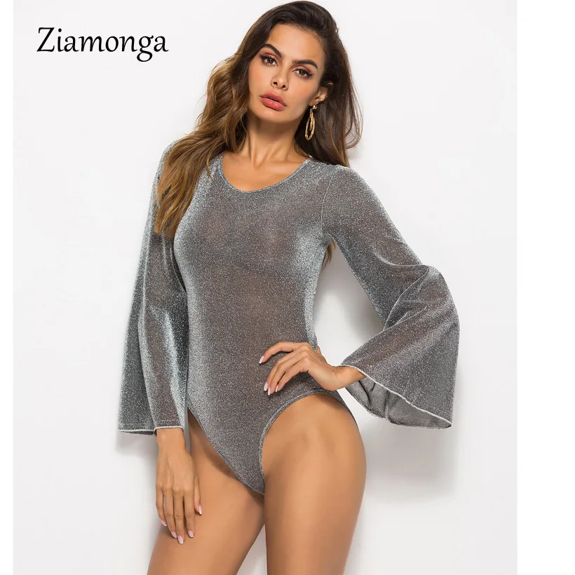 Ziamonga Sexy V Neck Flare Long Sleeve Bodysuit 2018 Autumn New Woman
