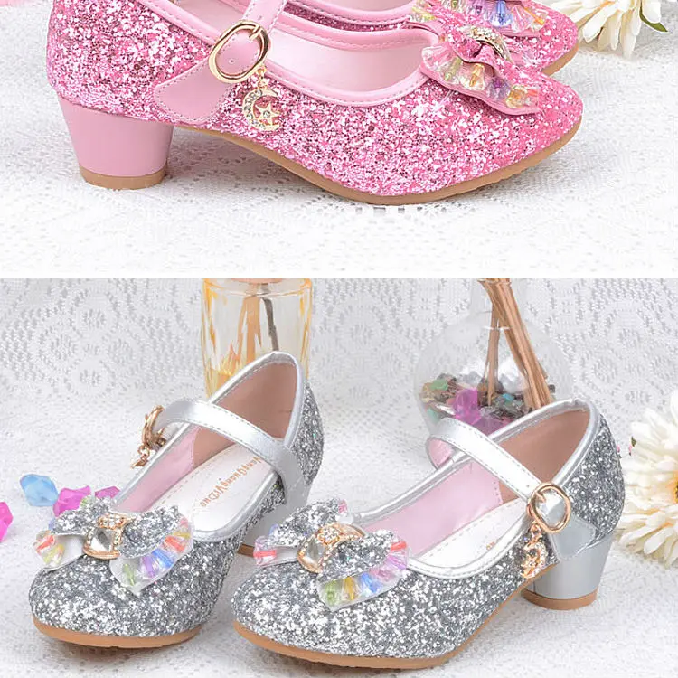 Kids Girls High Heels For Party Sequined Cloth Blue Pink Shoes Ankle ...