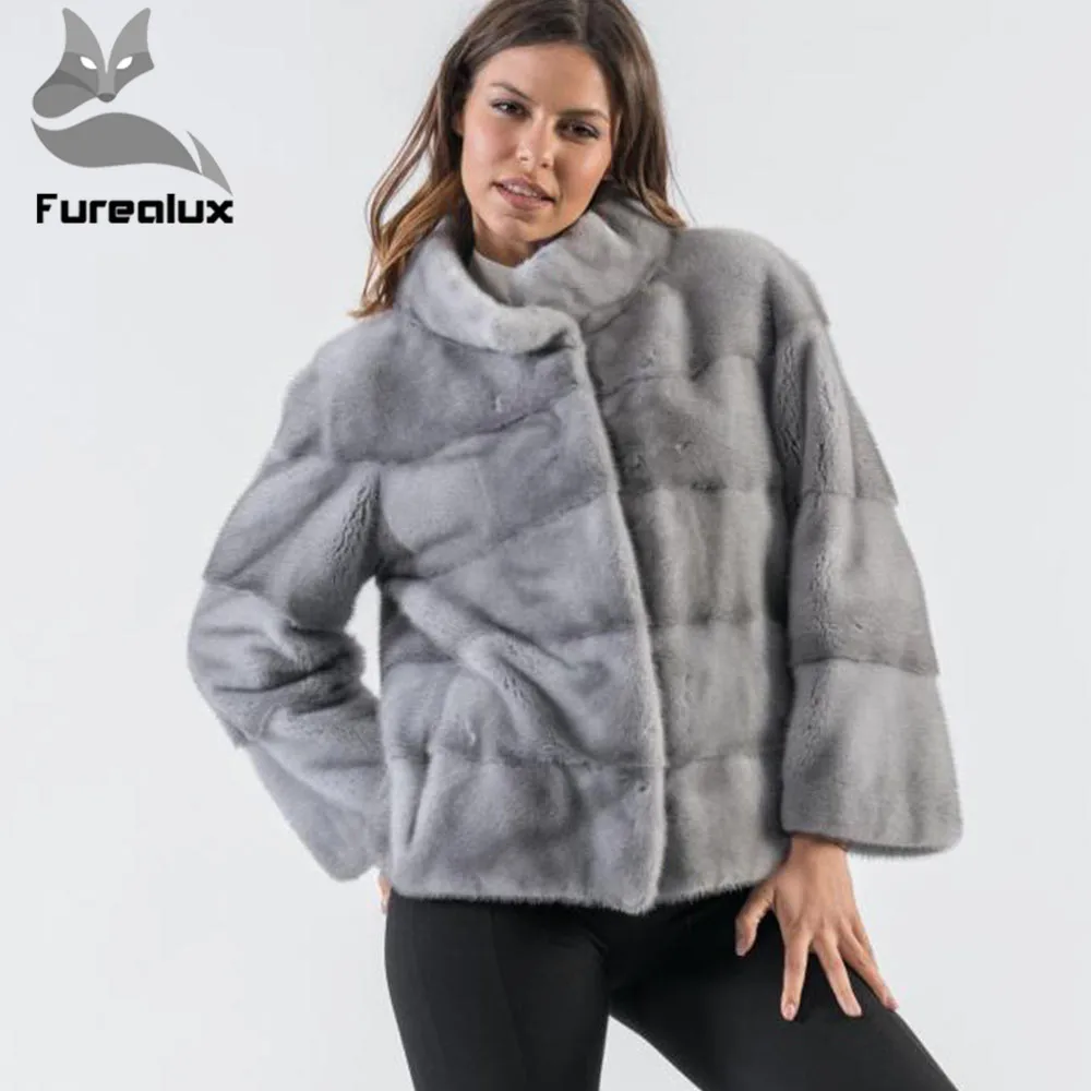 Furealux настоящая норковая Меховая куртка стоячий воротник короткие натуральные норковые