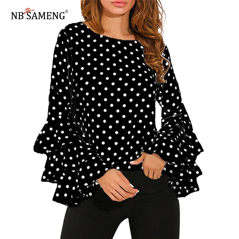 2018 Fashion Womens Flare Sleeve Loose Polka Dot Shirt Ladies Casual