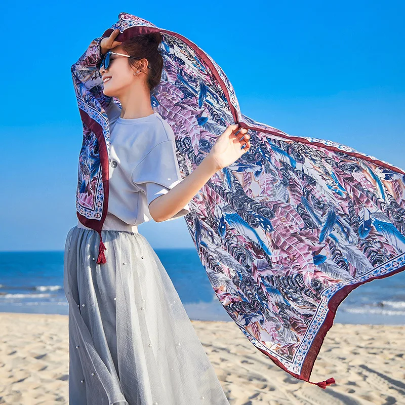 OL New Fashion Summer Beach towel Scarf Boho feather pattern Women silk ...