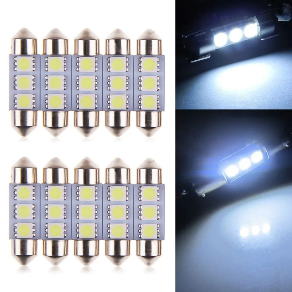10 x branco 36mm 3 smd led festão cúpula carro lâmpada auto 36mm 3 smd ...