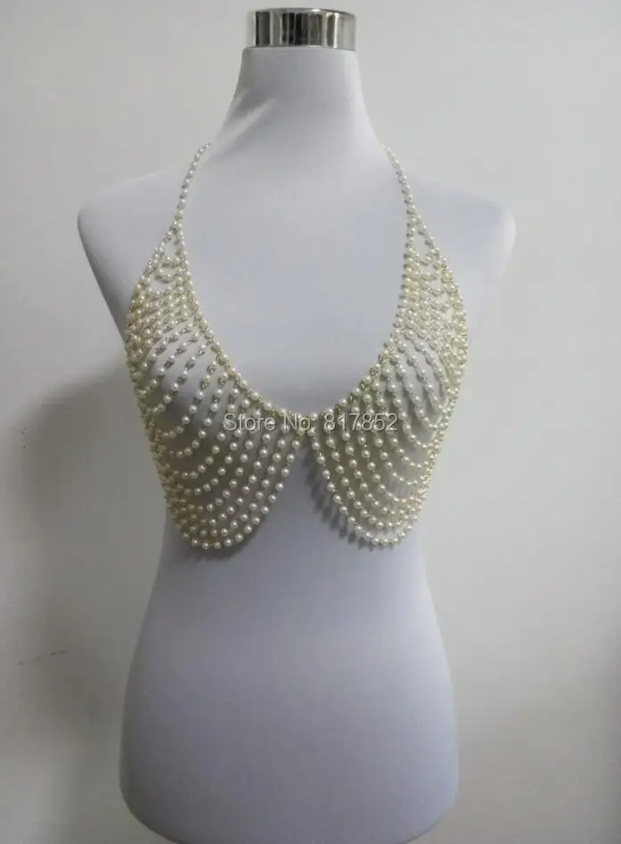 New Style Fashion Women White Imitation Pearls Beads Bra Chains Jewelry ...