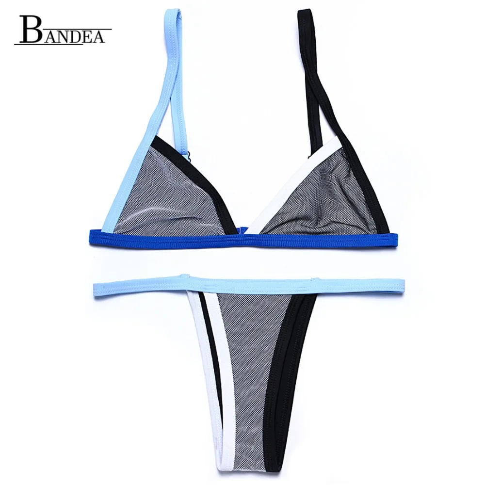 Women Gray Mesh Patchwork Bikini No Padding Tanga Swimsuit Maillot De Bain Swimwear Low Waist