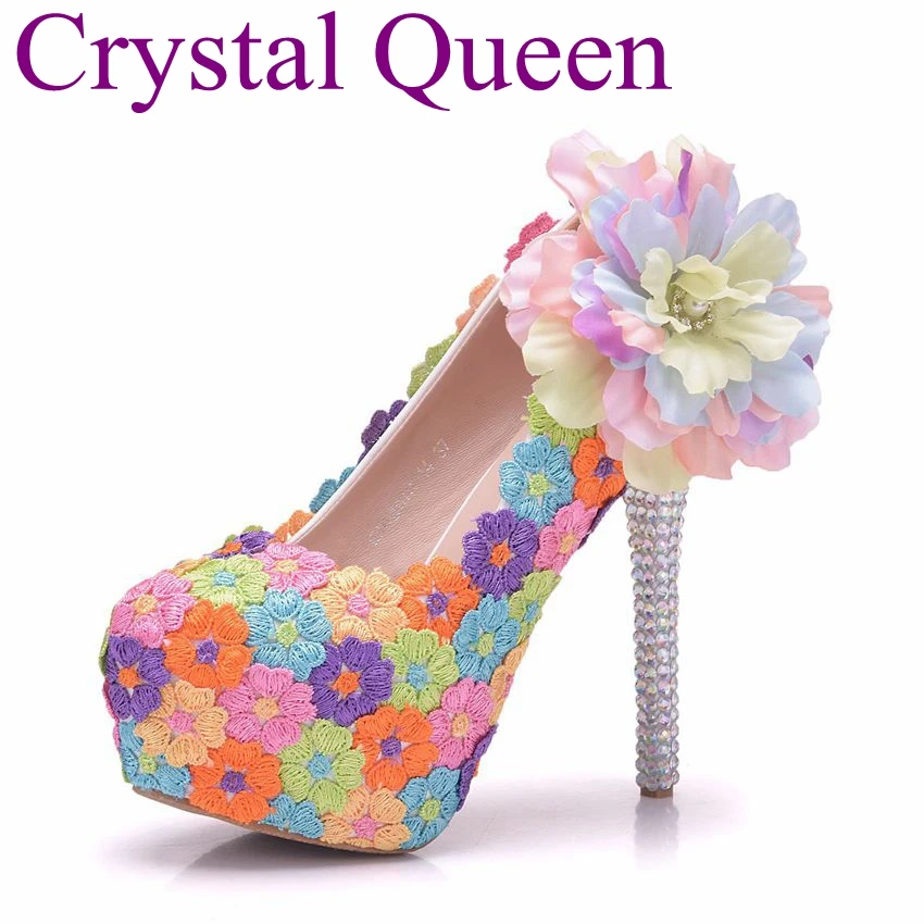 Crystal Queen Aesthetic Multicolour Lace Flower High Heels Wedding
