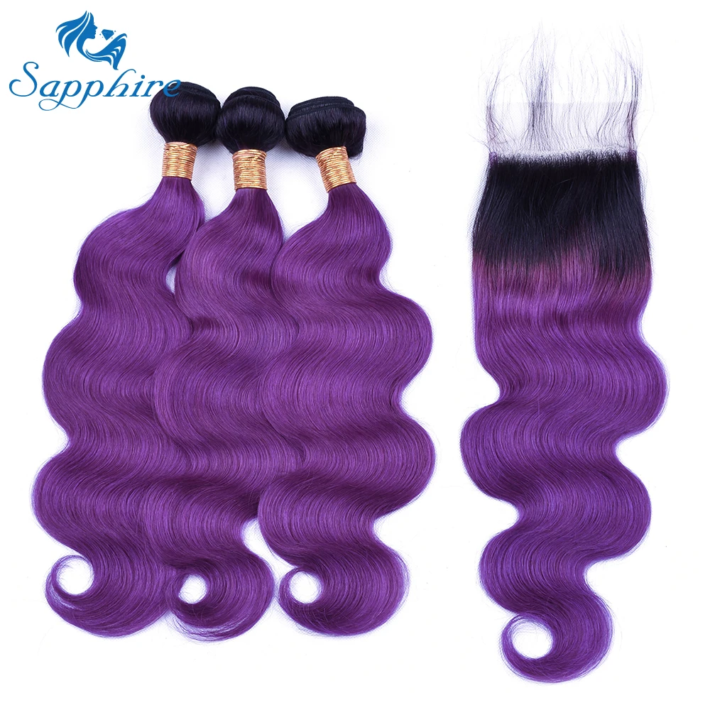 Sapphire Ombre 3 Hair Bundles With Closure Brazilian Body Wave Purple ...