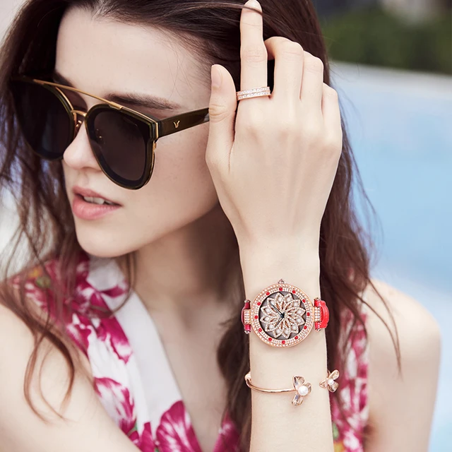 Creative Rotation Flower Women Watches Luxury Diamand Rose Gold Clock ...