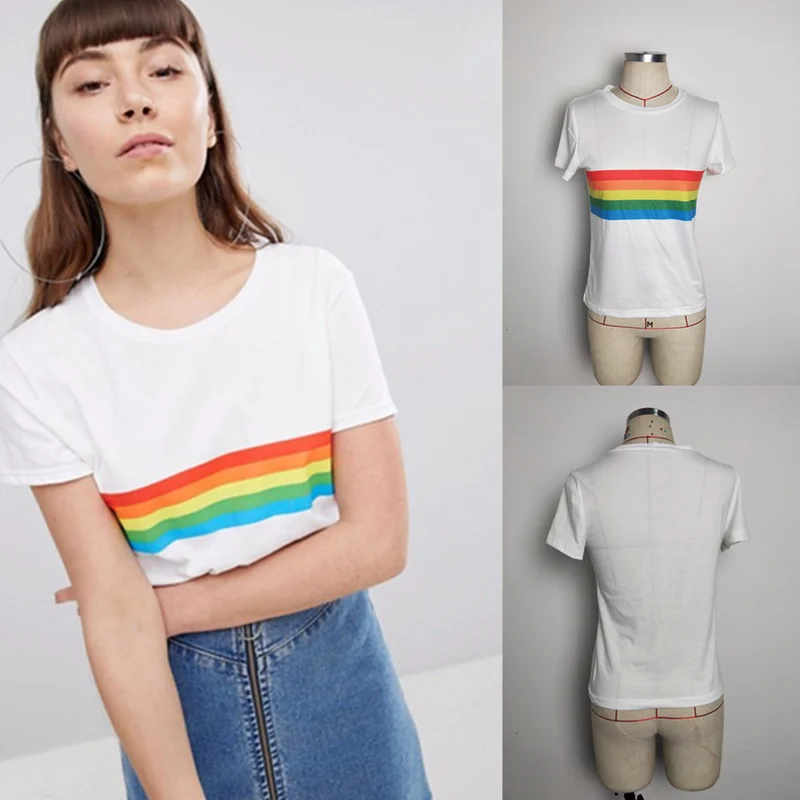 2018 Rainbow stripe printed short sleeved T shirt for women|T-Shirts ...